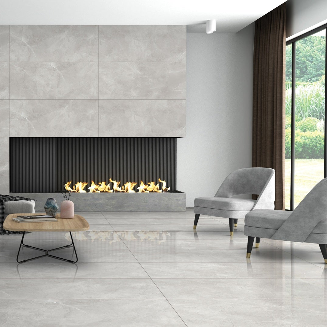 Large Polished Greige Marble Effect Tiles in Porcelain – Lucretia Tiles